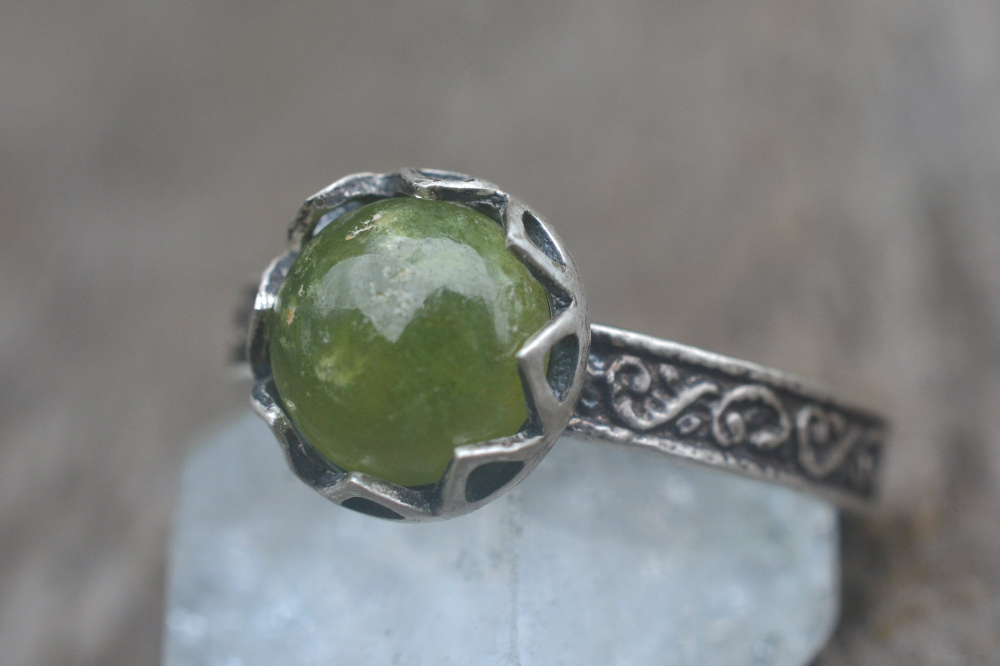 Vesuvianite Engagement Ring, Oxidised Silver Band, Forest Green Stone ...