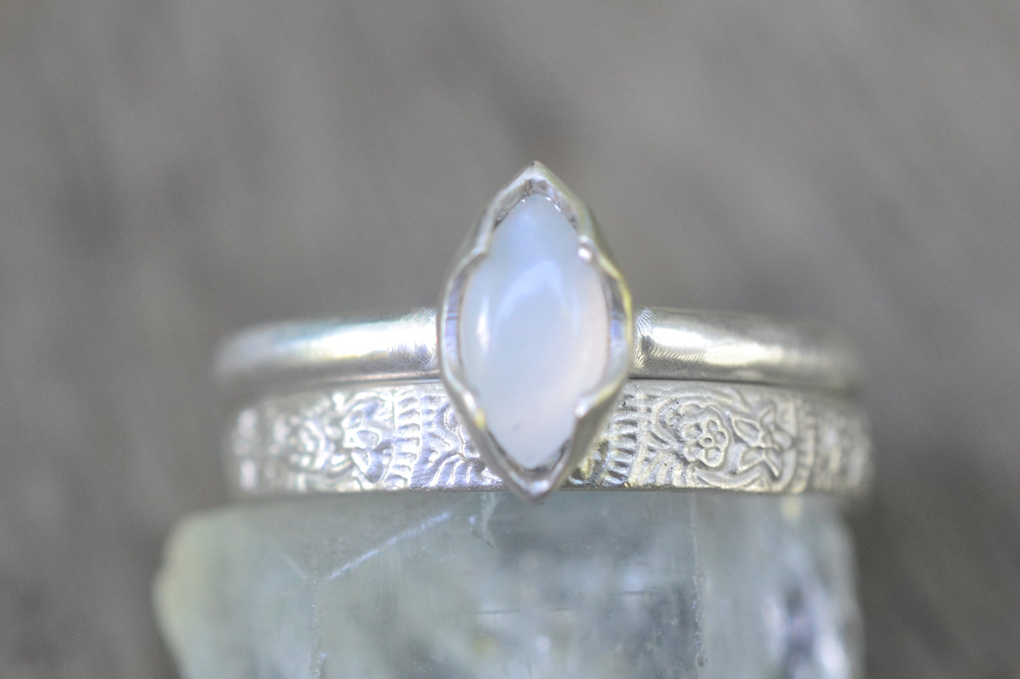 Moonstone Stacking Set, Marquise Cut Stone, Silver Flower Stacker Ring ...