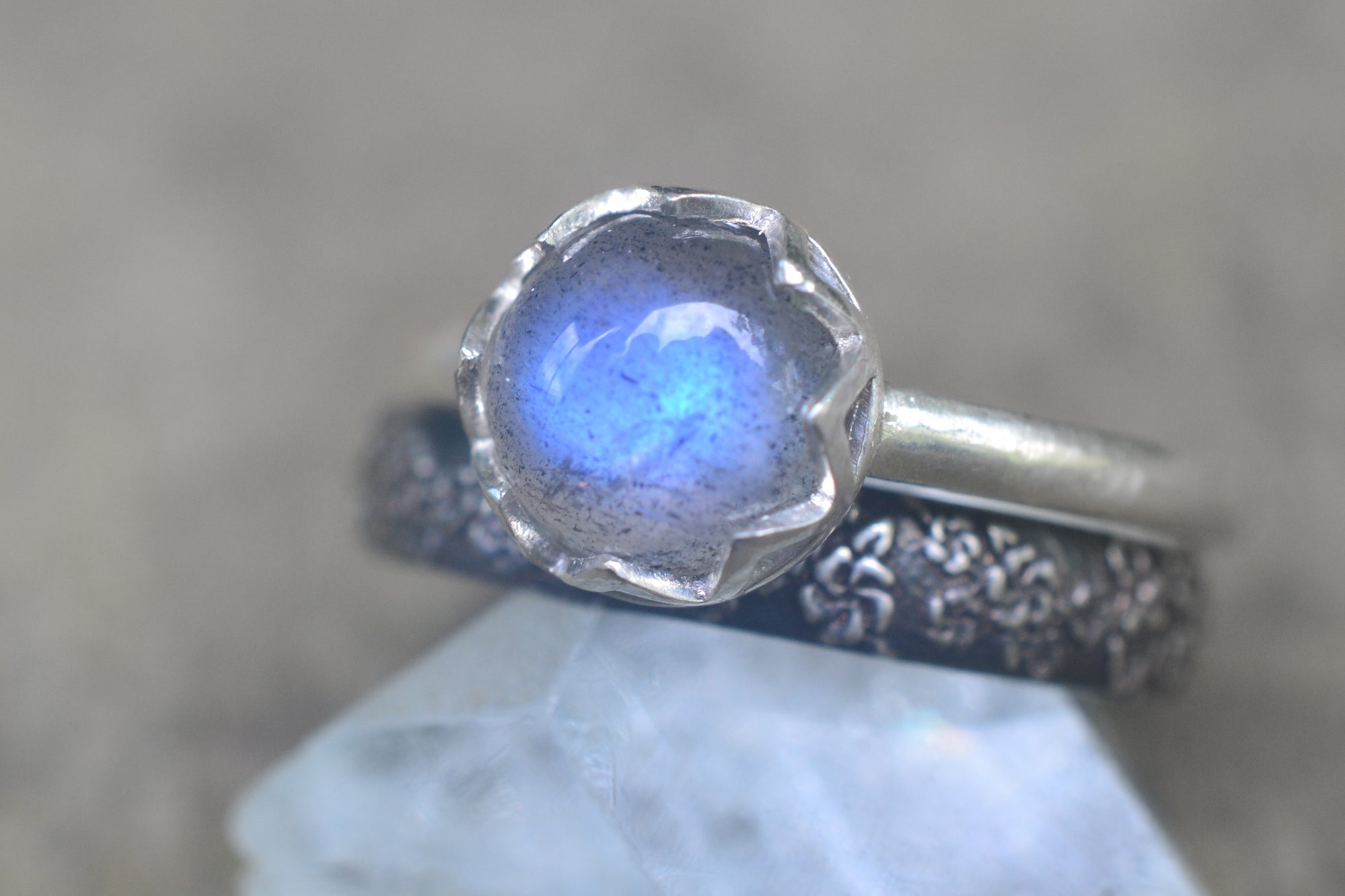 Labradorite Bridal Set, Crystal Engagement Ring, Flower Wedding Band ...