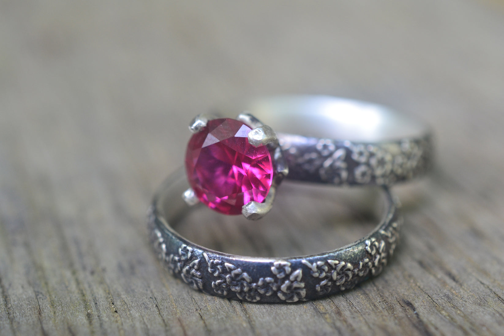 Ruby Bridal Set, Pink Stone Ring, Gothic Cherry Blossom Wedding Band ...
