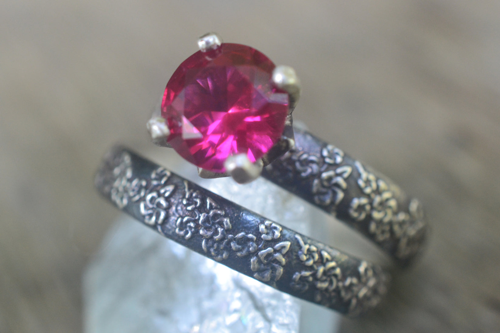 Ruby Bridal Set, Pink Stone Ring, Gothic Cherry Blossom Wedding Band ...
