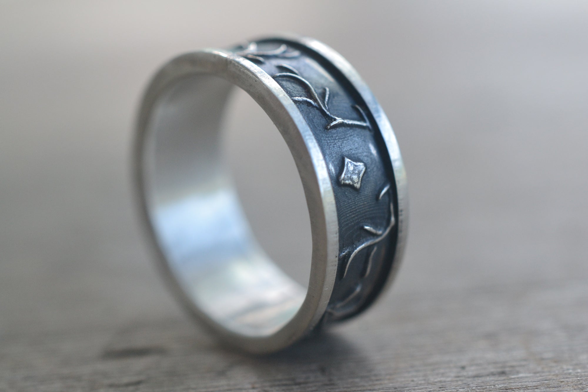Thorn Wedding Band, Men's Custom Oxidised 925 Silver Moon & Star Ring ...