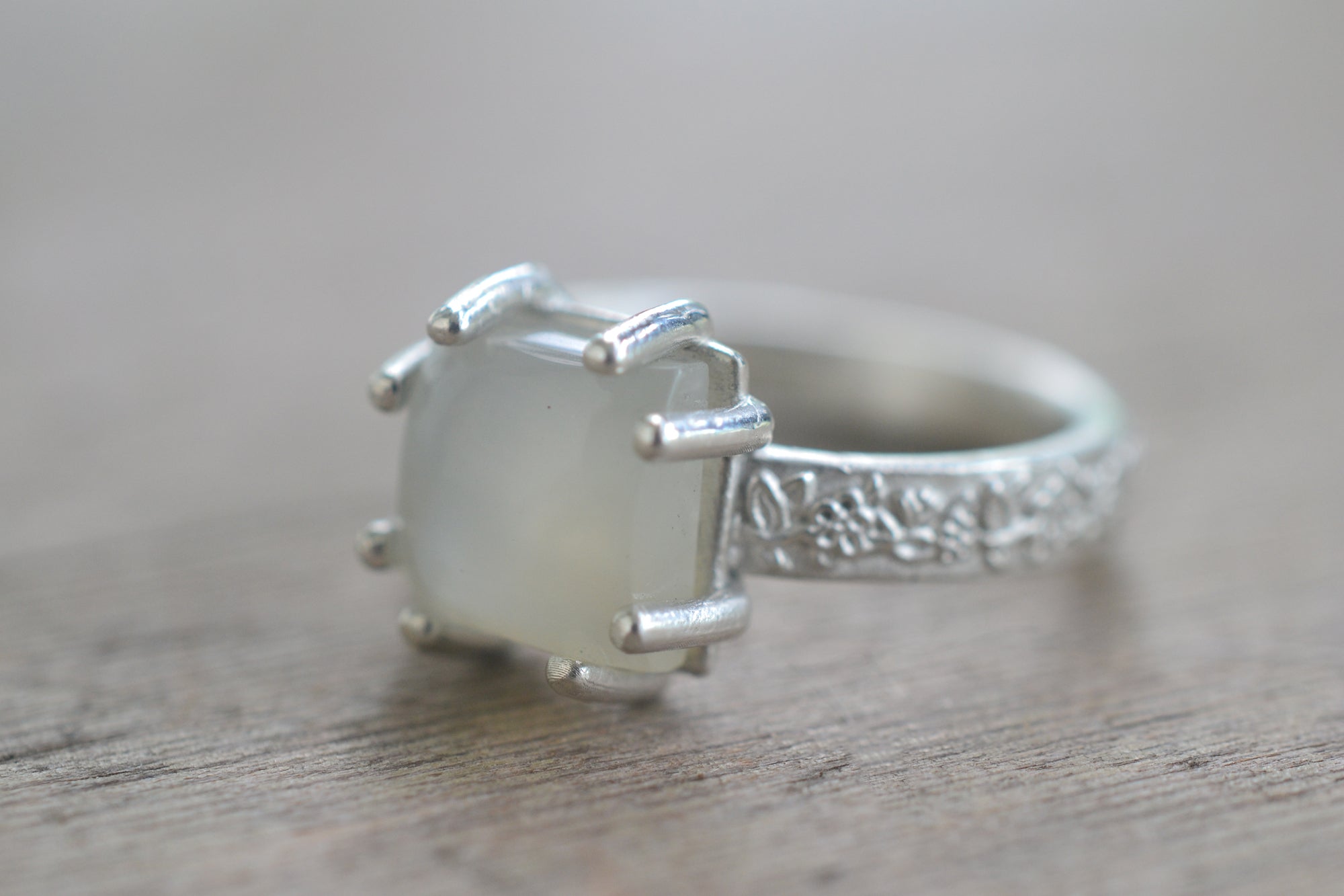 White Moonstone Ring, Natural Square Stone, Silver Rose & Leaf Pattern ...