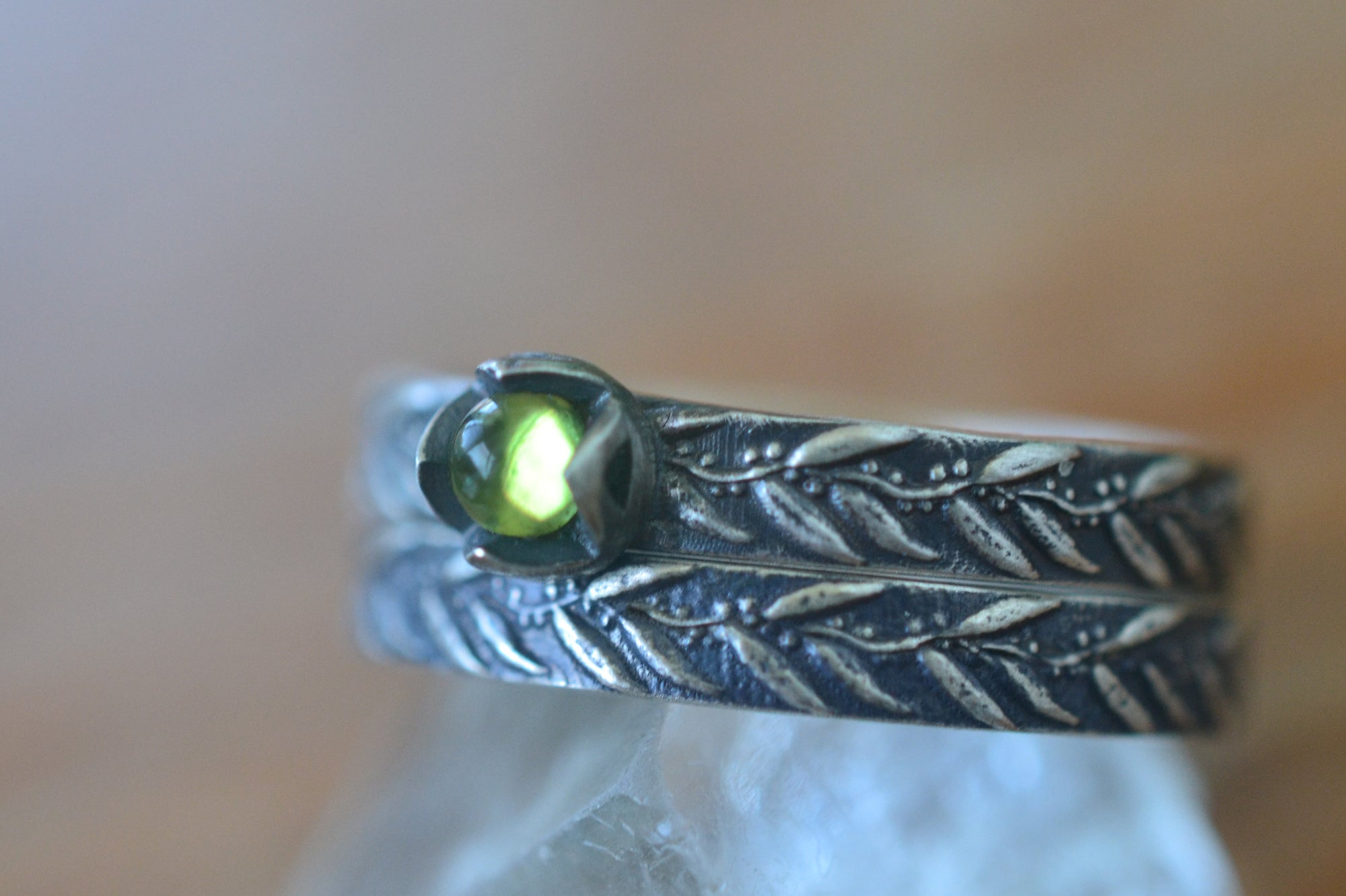 Vesuvianite Bridal Set, Tiny Stone Ring, Silver Gum Leaf Wedding Band ...