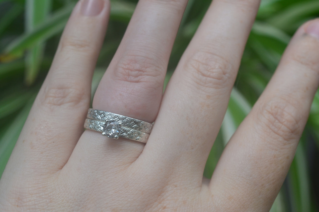 White Sapphire Engagement Ring, 5mm Stone, Poesy Flower Wedding Band ...