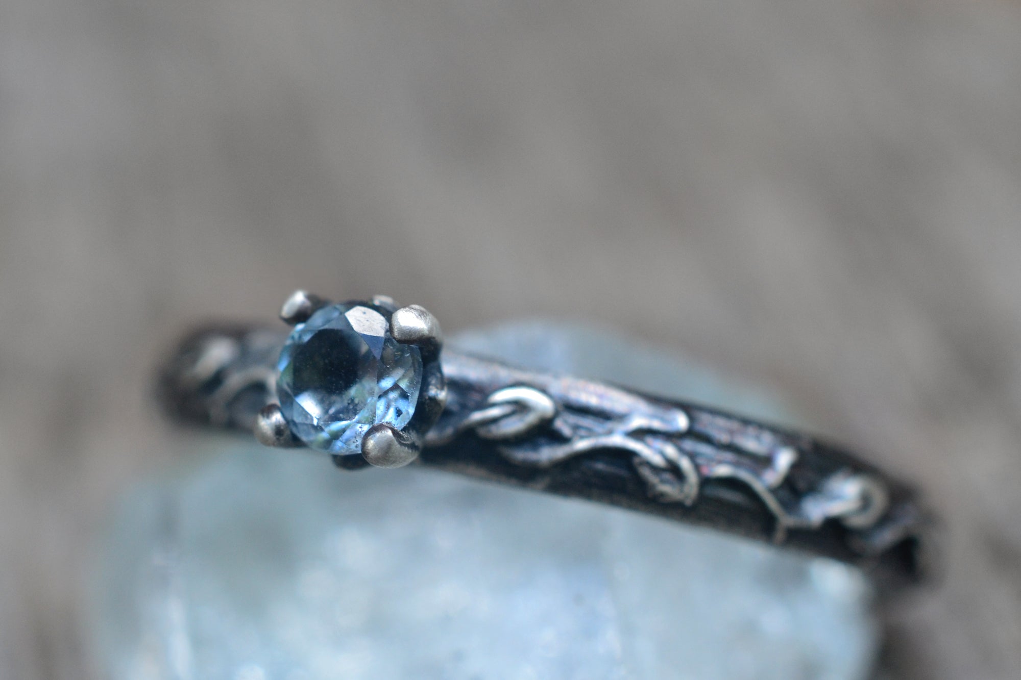 Sky Blue Topaz Engagement Ring, Oxidised Silver Dainty Vine Leaf Band ...